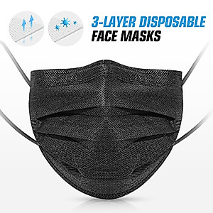 50 PCS Black Disposable Face Masks 3-Ply Filter Earloop Mouth Cover, Face Mask
