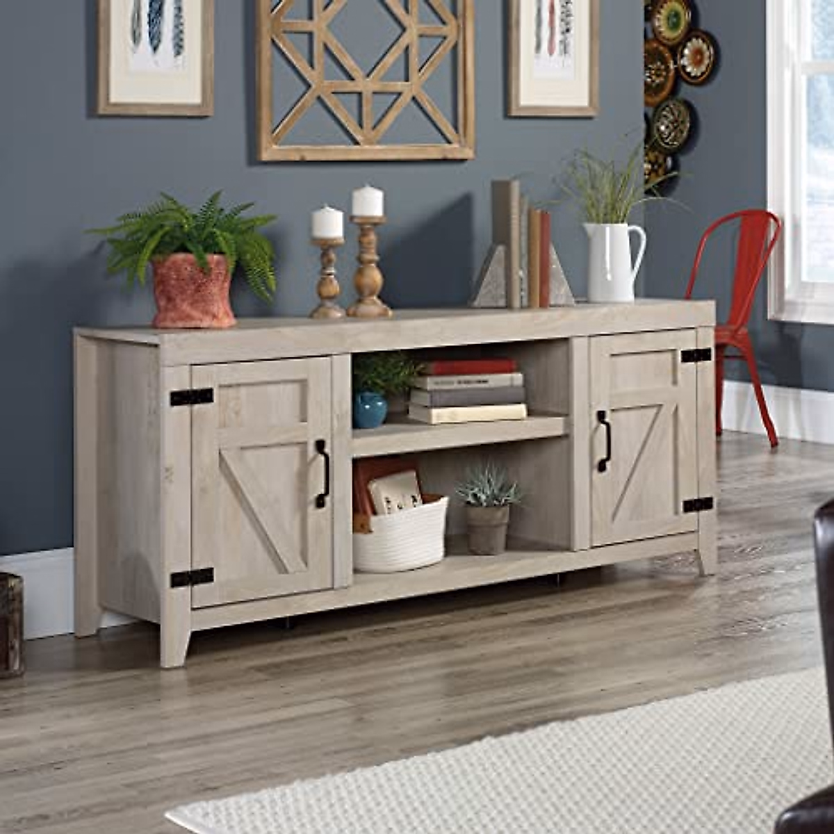 Sauder Misc Entertainment Farmhouse Credenza, for TVs up to 70", Chalked Chestnut Finish
