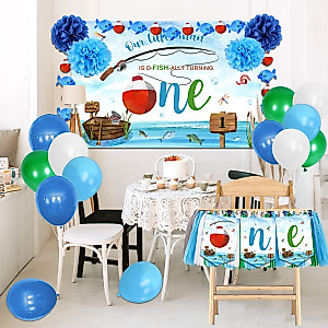 O Fishally One First Birthday Decorations,Gone Fishing Party Supplies Include Fish Bobber Banner,Our Little Man Is Ofishally Turning One Backdrop Balloons for Baby Boy 1st Birthday Supplies