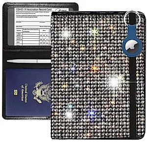 LIFUTOPIA Bling Passport Vaccine Card Drive License Holder Combo W/Airtag Keychian, Glitter RFID Blocking Credit Card Holder Travel Wallets Cover Case for Men Women Colorful