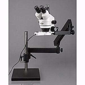AmScope SM-7TZ-FRL Professional Trinocular Stereo Zoom Microscope, WH10x Eyepieces, 3.5X-90X Magnification, 0.7X-4.5X Zoom Objective, 8W Fluorescent Ring Light, Articulating-Arm Boom Stand, 110V-120V, Includes 0.5X and 2.0X Barlow Lenses