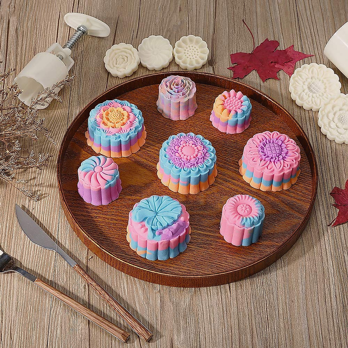 Barelove Bath Bombs Moon Cake Molds Kit, with 8 PCS 3D Thick Floral Shaped Stamps for 2 Sets, Mid-Autumn Festival Decoration Pastry Cookie Soap Hand-Pressure Mooncake Maker Cutter Tools Set (50g+100g)