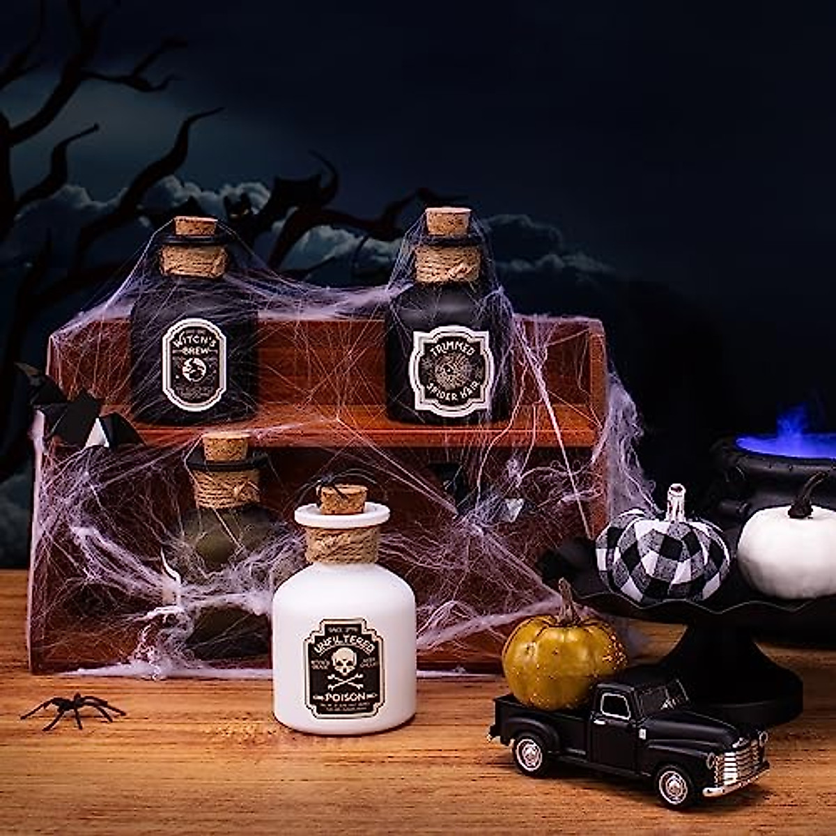 Halloween Decorations Indoor - Halloween Tiered Tray Decor - 3 pcs Glass Potion Bottles with 6pcs Stickers - Black and White Apothecary Bottles - Halloween Decorations for Party Home Table Kitchen