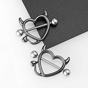 MIFYNN 1 Pair Nipple Rings for Women,Devil Heart Nipple Rings Surgical Steel Nipple Piercing Bar Shield Cover Barbell Sexy Piercings Nipple Hoops Piercing Jewelry for Girls (Black)