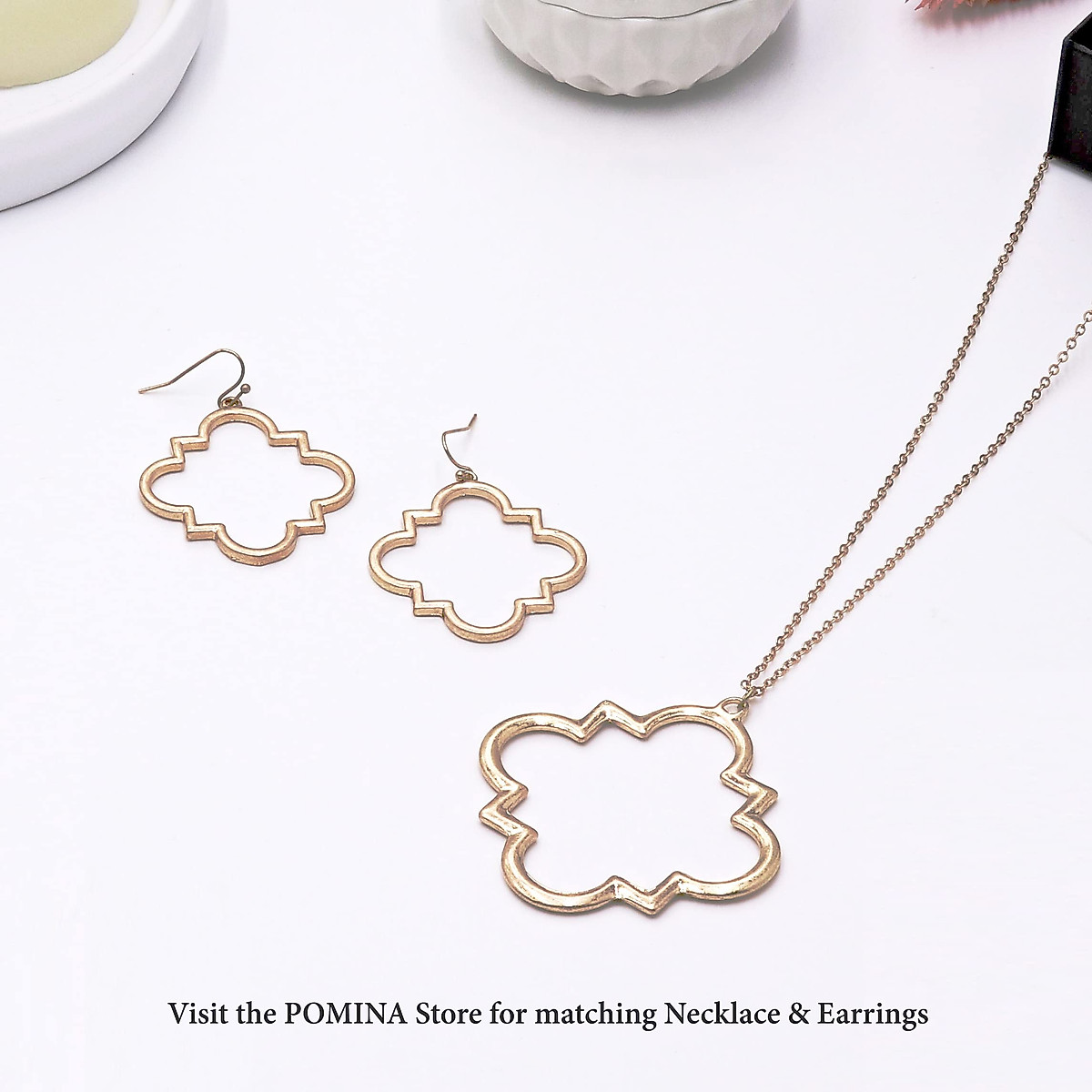 POMINA Quatrefoil Clover Gold Dangle Drop Earrings Gold Silver Two Tone Textured Trendy Fashion Earrings for Women