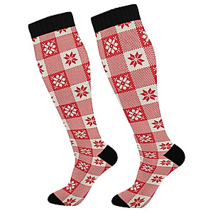 xigua New Year Christmas Checkered Plaid Compression Socks 20-30mmHg Knee High Stockings for Sport Nursing - 1 Pair