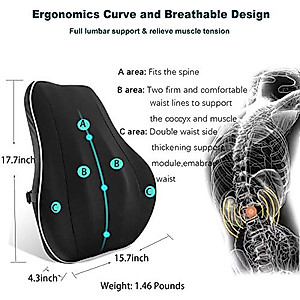 Lumbar Support Pillow,100% Memory Foam ,Breathable 3D Mesh Cover and Adjustable Strap,Orthopedic Backrest and Ergonomic Design for Back Pain Relief,Back Support for Office Chair and Car Seat