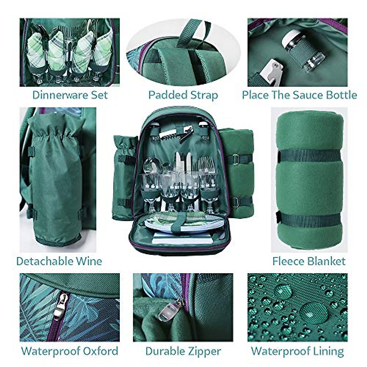 Picnic Backpack for 4 Person, Large Picnic Bag Set with Cooler Compartment, Wine Bag, Picnic Blanket for Camping, Day Travel, Hiking, BBQs, Family or Wedding Gifts (Green)