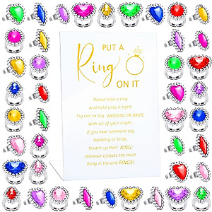 Woanger Put a Ring on It Game with 100 Pcs Fake Rings, Plastic Rings for Bridal Shower Game, Acrylic Sign for Guests Engagement Wedding Decoration