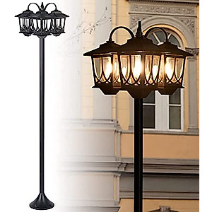 PASAMIC Outdoor Solar Lamp Post Lights Solar Powered, Solar Floor Lamps Outdoor Lights,3-Head Waterproof Street Lights for Garden,Lawn,Pathway,Driveway,Front/ Back Door,60 Lumens,3 Extra Spare Bulbs