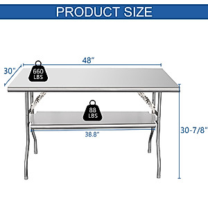 HARDURA Folding Stainless Steel Table 30X48 Inches with Adjustable Undershelf and Galvanized Legs NSF Commercial Portable Folding Prep Table for Restaurant Kitchen Home and Hotel