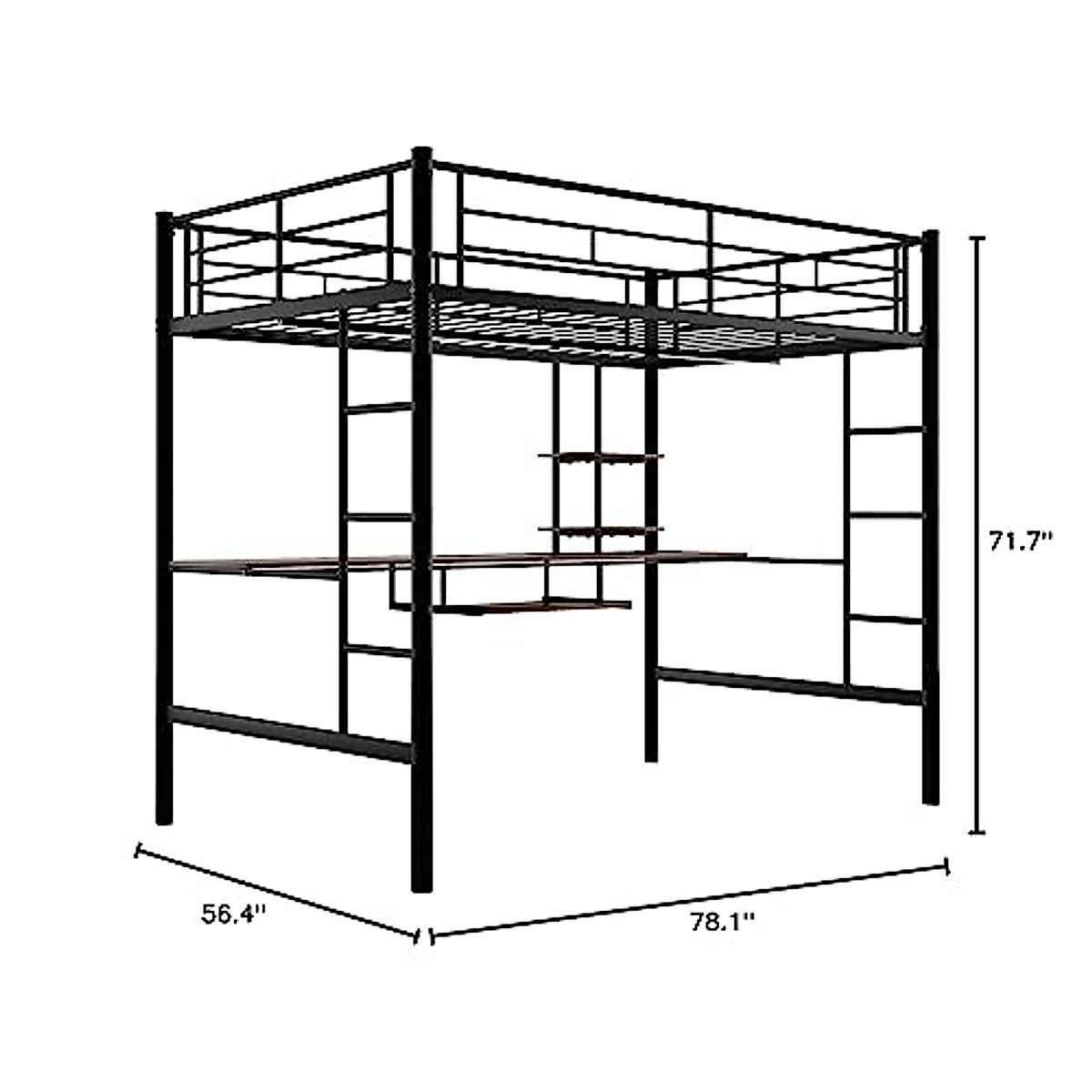 GLORHOME Full Size Metal High Loft Bed with Under-Bed Long Desk & Storage Shelves Ladder Safety Guard Rails, Space Saving Bedroom Furniture for Kids Teens Adults, Black