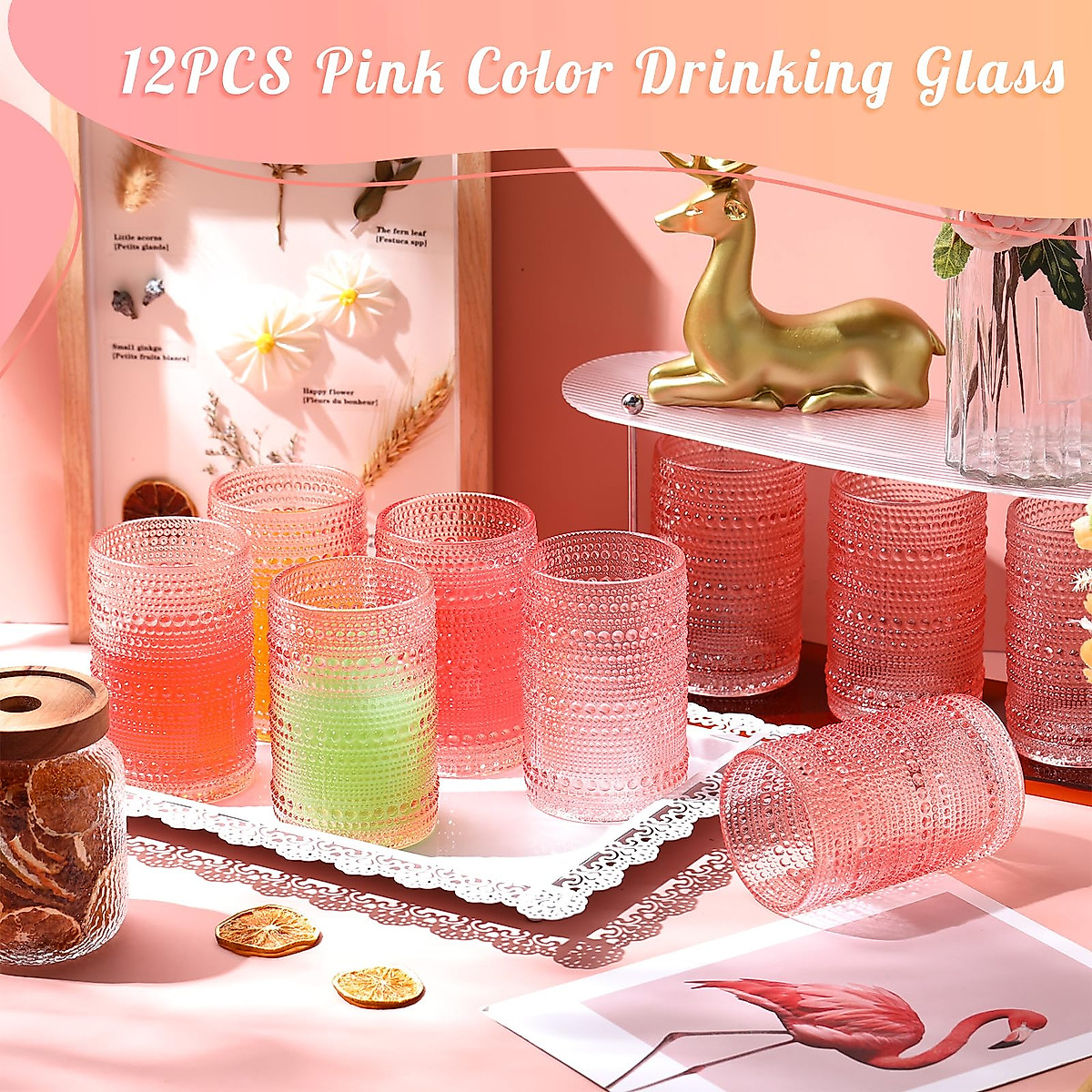 Roshtia 12 Set Pink Hobnail Beaded Drinking Glasses 15 oz Vintage Glassware Old Fashioned Iced Beverage Glasses Textured Cocktail Glasses Embossed Glassware Cups for Juice, Water, Not Dishwasher Safe