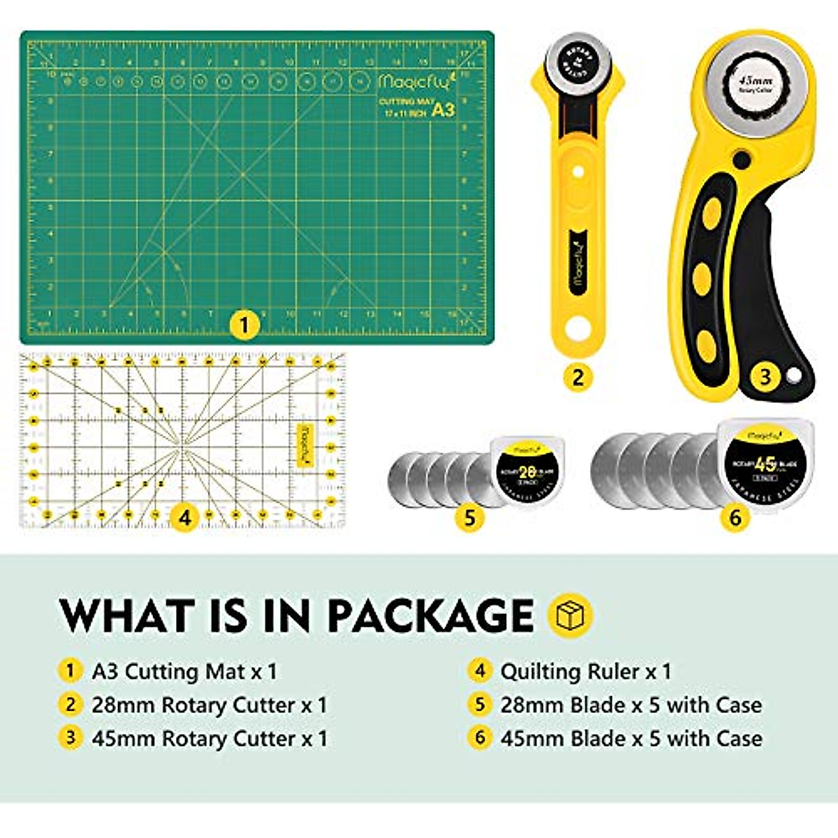 Magicfly Rotary Cutter Set, 45mm and 28mm Fabric Cutters Kit with Extra 10 Blades, A3 Double-Sided Self Healing Cutting Mat, 12x6 Inch Quilting Ruler for Sewing, Fabric Cutting, Art Crafting