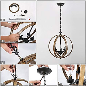 LOG BARN Farmhouse Chandeliers, Faux-Wood Globe Hanging 3-Light Fixture for Dining & Living Room, Bedroom, Foyer and Entryway