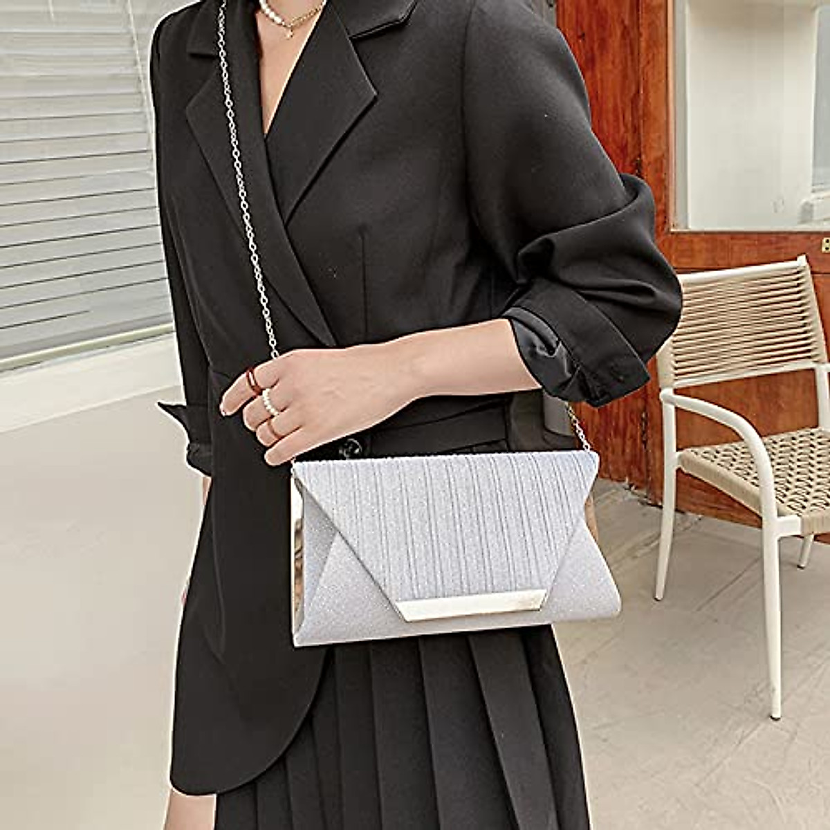 Miss Chow Women's Large Shiny Envelop Evening Bag Clutch Purse Cross Bag Wedding Party Prom Handbag with Chain Strap Silver