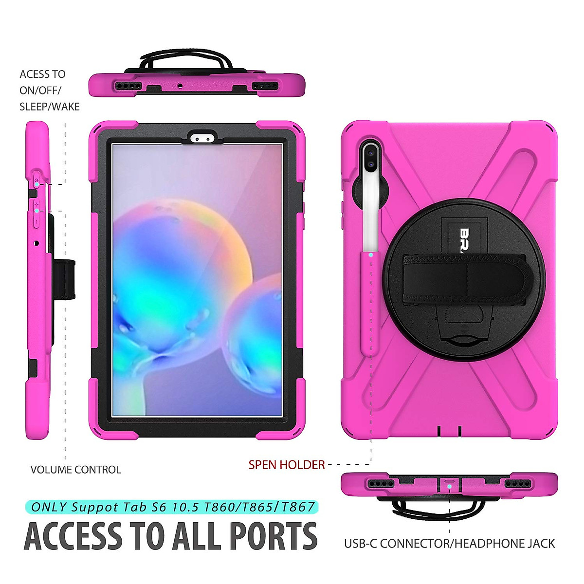 BRAECN for Galaxy Tab S6 10.5 2019 Case T860,Heavy Duty Shockproof Rugged Case with Hand Strap/360 Rotating Stand and Shoulder Strap for Samsung Tab S6 SM-T860/T865/T867 2019 (Rose Red)