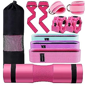 SINYWAY Barbell Pad Set, 11 Pcs Barbell Squat Pad for Hip Thrusts, Lunges, Leg day with 2 Gym Ankle Straps, 3 Hip Resistance Bands, 2 Lifting Strap, 2 Barbell Clip, Barbell Pad and Carry Bag