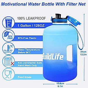 BuildLife Gallon Water Bottles with Times to Drink - Gallon Water Jug - 1 Gallon Water Bottle–128 oz Water Bottle,One Gallon Water Bottle with Time Marke for Gym(Blue)