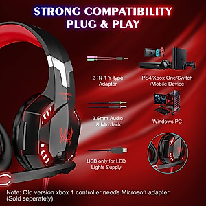 VersionTECH. G2000 Gaming Headset, Bass Surround Gaming Headphones with Noise Cancelling Mic, LED Lights, Soft Memory Earmuffs for PS5/ PS4/ Xbox One Controller/Laptop/PC/Mac/Nintendo NES Games-Red