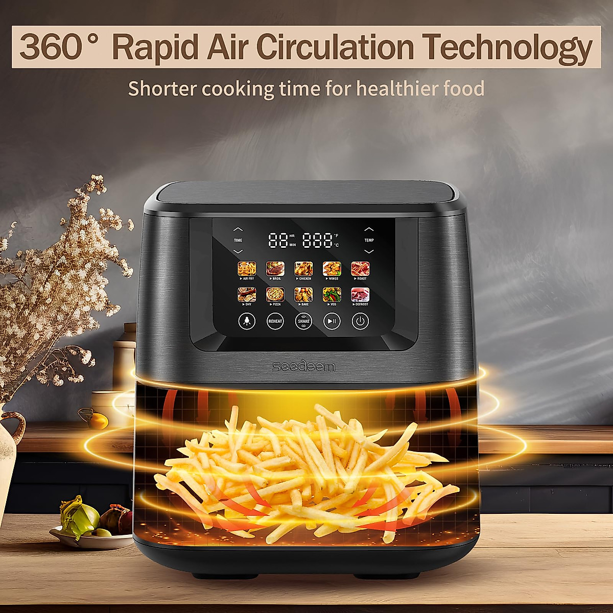 SEEDEEM Max XL Air Fryer, 8 Quart, 10-in-1 Hot Air Fryer Oven with Color LCD Display Touchscreen, Air Fryer Toaster Oven Combo with ClearCook Cooking Window,Broil, Roast, Dehydrate, Bake, Black