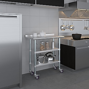 AmGood Stainless Steel Work Table with 1.5" Backsplash and 2 Shelves with Wheels | Metal Kitchen Food Prep Table | NSF (36" Long x 18" Deep)