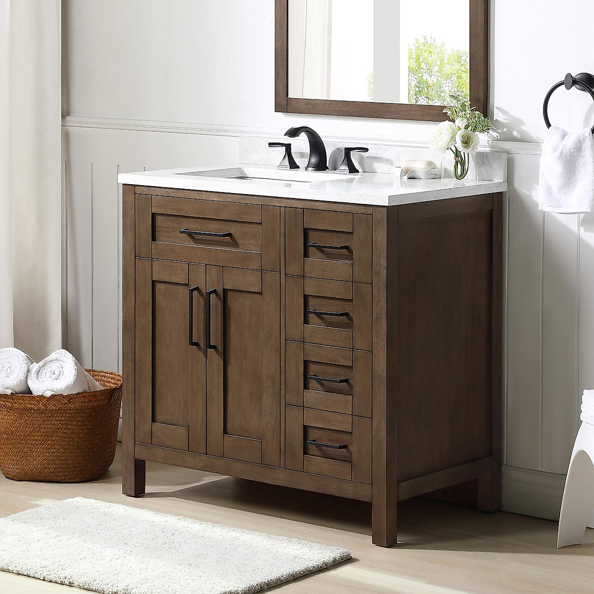 OVE Decors Maya Plus 36 in. Single Sink Bathroom Vanity in Almond Latte Finish, Black Hardware and Included Power Bar