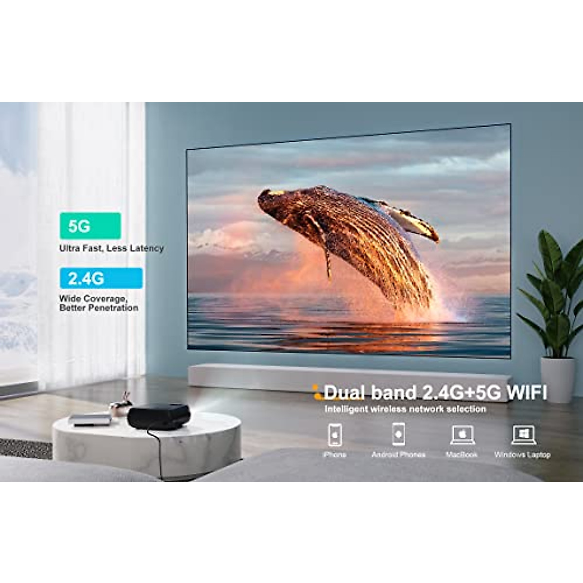 Projector with WiFi and Bluetooth - 5G WiFi Native 1080P 18000L 4K Supported, Jimveo Outdoor Projector with Screen for Home Theater, Compatible with iOS/Android/TV Stick/HDMI/PC/XBox/PS5