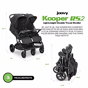 Joovy Kooper RS2 Lightweight Travel Double Stroller Featuring Dual Snack Trays, One-Handed Fold, Multi-Position Reclining Seats, Adjustable Leg Rests, and 2 Zippered Pockets for Storage
