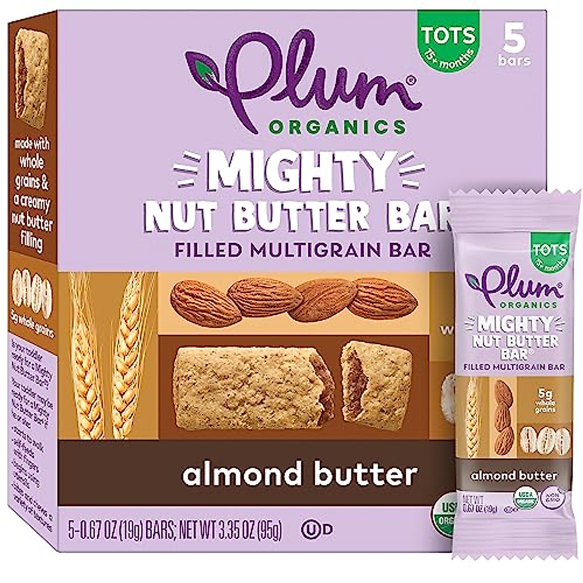 Plum Organics | Mighty Nut Butter Snack Bars | Organic Toddler & Kids Snacks | Almond Butter | 0.67 Ounce Bar (40 Total)