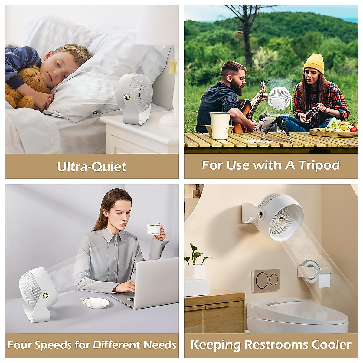 CIVPOWER Air Circulation Desk Fan: Rechargeable Table Fan with 6000 mAh Battery - 4 Speed and Timing - 270° Adjustable Quiet Fan for Bedroom/Office/Camp - White