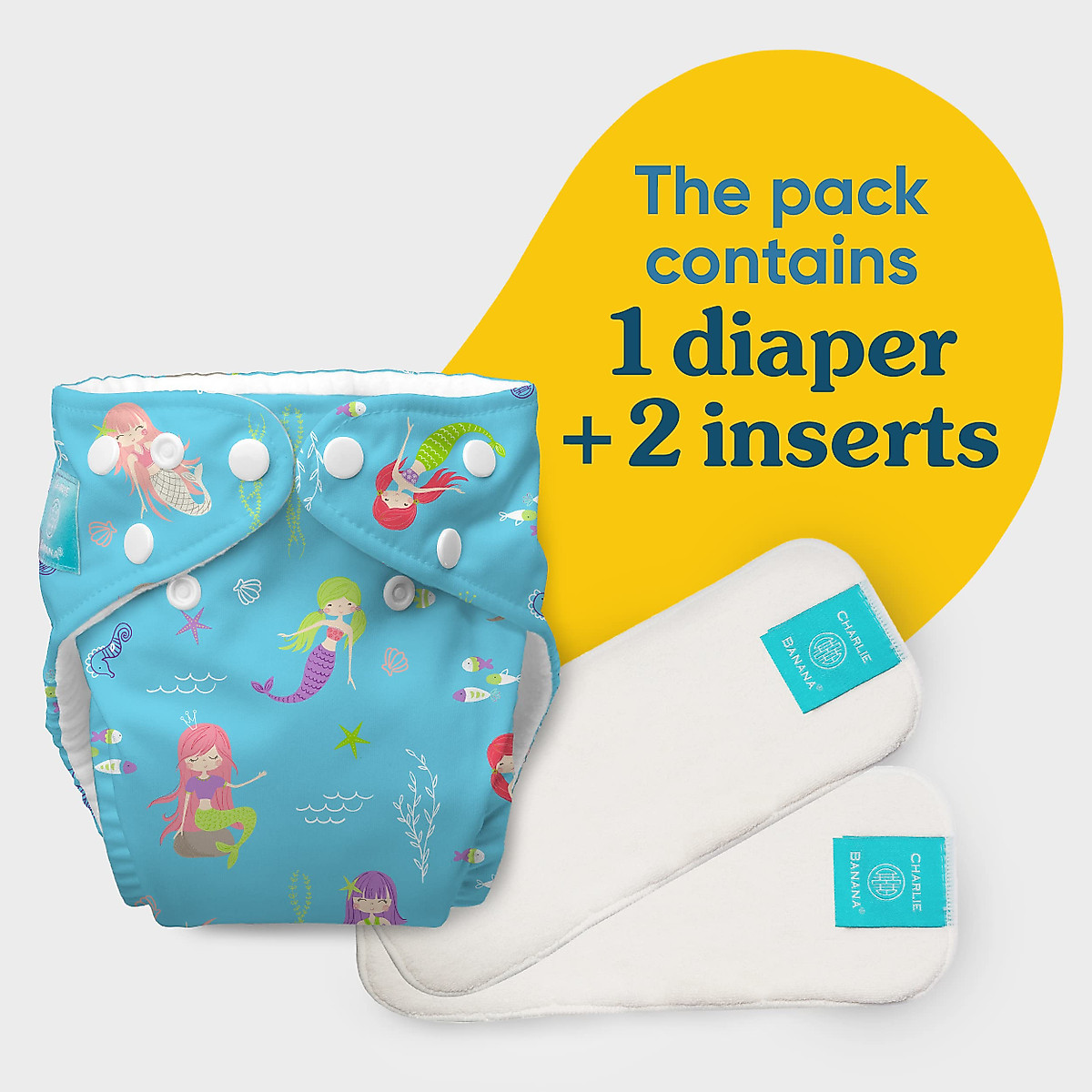 Charlie Banana Baby Washable and Reusable Cloth Diapers, 1 Soft Pocket Diapers and 2 Absorbent Inserts, One-Size, Mermaid Tiffany