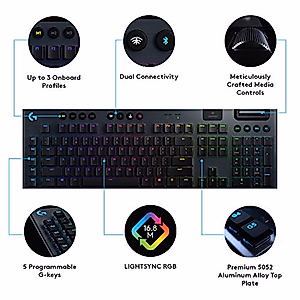 Logitech G915 LIGHTSPEED RGB Mechanical Gaming Keyboard, Low Profile GL Tactile Key Switch, LIGHTSYNC RGB, Advanced Wireless and Bluetooth Support - Tactile,Black