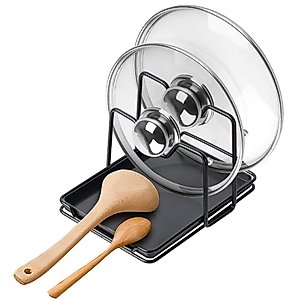Poeland Pot Lid Holder, 2 Layers Pot Lid Organizer Multifunctional Lid and Spoon Rest Rack with Drip Tray for Pot Lids, Spatulas, Spoons, Cutting Boards