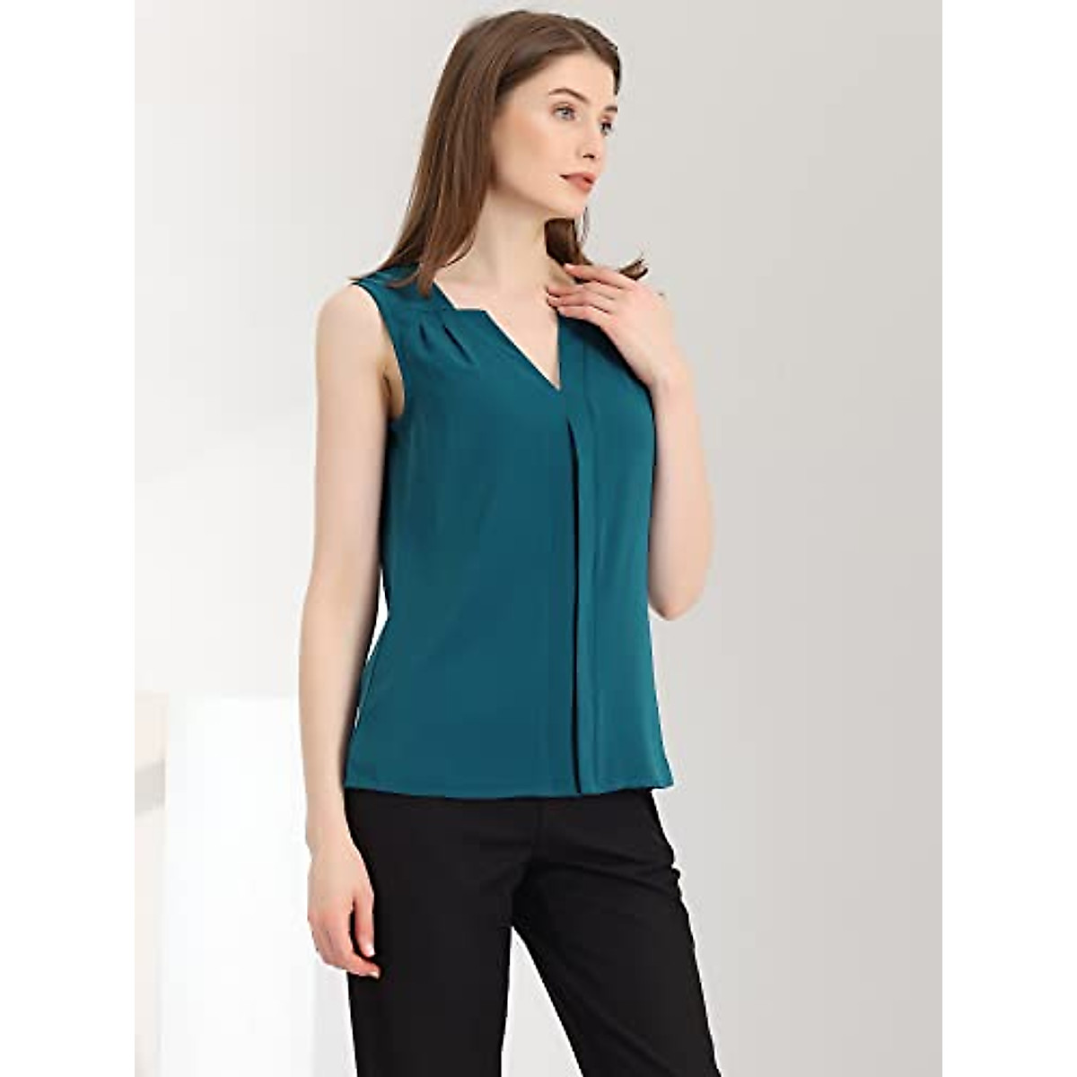 Allegra K Sleeveless Work Top for Women's Elegant Pleated Chiffon V Neck Blouse Shirt Large Peacock Blue