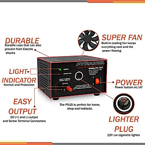 Pyramid Universal Compact Bench Power Supply - 10 Amp Linear Regulated Home Lab Benchtop AC-to-DC Converter w/ 13.8 Volt DC 115V AC 250W Input, Screw Type Terminal, 12V Car Cigarette Lighter - Pyramid PS15K