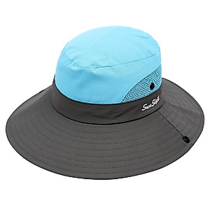 Muryobao Womens Outdoor Sun Hat Ponytail UV Protection Wide Brim Mesh Foldable Safari Beach Fishing Bucket Cap 2 Pack Pink & Blue