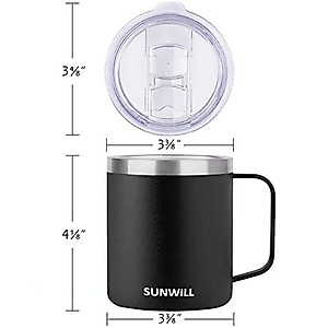 SUNWILL Coffee Mug with Handle, 14oz Insulated Stainless Steel Reusable Coffee Cup, Double Wall Coffee Travel Mug, Powder Coated Black