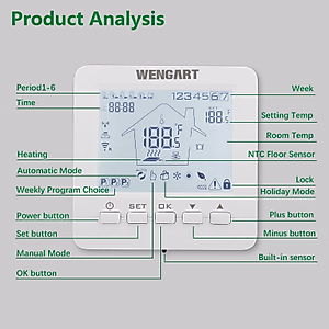 Wengart WiFi Smart Thermostat WG02B05,Heat Only 2.4GHz Wi-Fi APP TUYA for Radiant Floor Heating,Compatible with Alexa Echo/Google Home,AC90-240V Max3A White Backlight