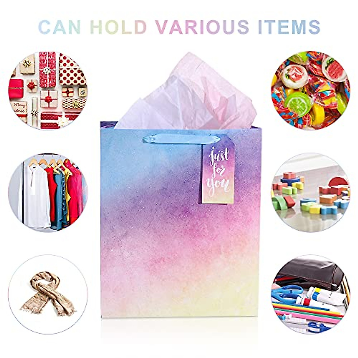 Large Gift Bags with Handles - 4 Packs 10" X 5" X 12" Paper Glitter Colorful Paper Bags with Tissue Paper for Birthdays, Weddings, Anniversaries, Mother's Day, Parties, Baby Shower Goodie Bags¡­