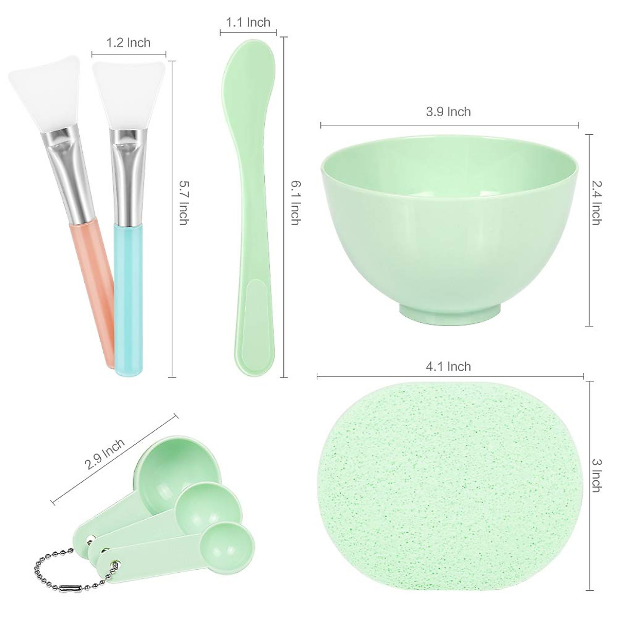 Teenitor Facial Mask Mixing Bowl Set, DIY Facemask Mixing Tool Kit with Silicon Face Mask Brush Facial Mask Bowl Stick Spatula Gauges Puff, Pack of 8, Green