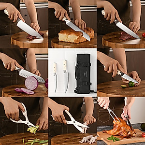NANFANG BROTHERS Chef Knife Set with Bag, 9 Pieces Damascus Steel Chef Knives with Portable Knife Roll Storage Bag, Blade Guards, Carving Fork, Apron and Kitchen Shears for Outdoor Camping Travel