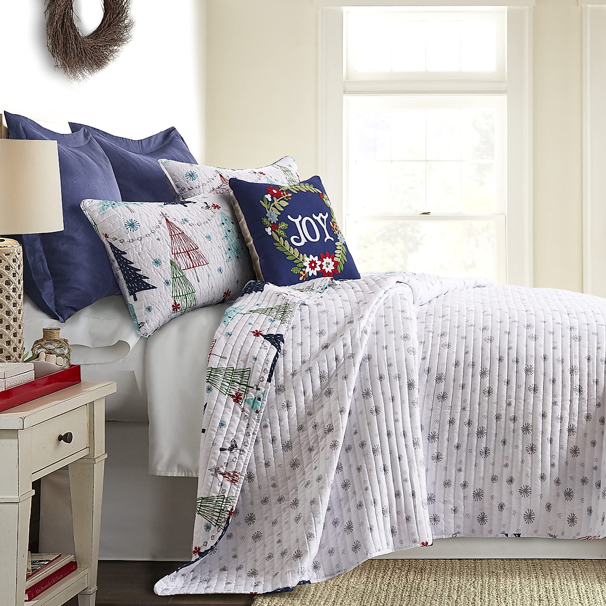 Levtex Home Merry & Bright Collecion - White Pine Quilt Set - Full/Queen Holiday Quilt 88x92 and Two Standard Shams 20x26 - Christmas Tree - Blue, Red, Green and White - Reversible - Polyester