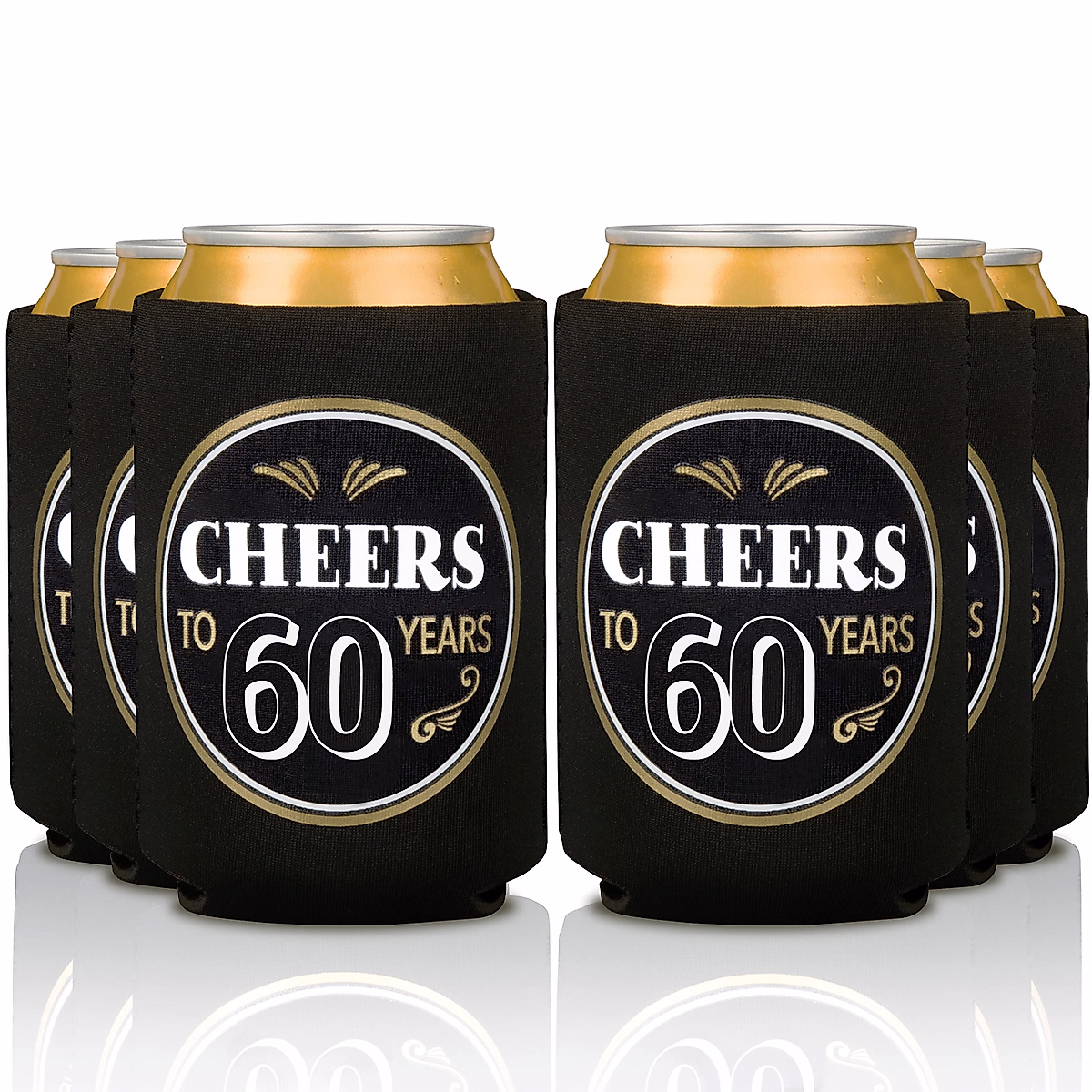 Prazoli Cheers to 60 Years Beer Can Coolers (12 Pack) - 60th Birthday Party Decorations & Supplies - Black & Gold | Perfect Men Anniversary Coolers Set for Parties