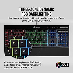 Corsair K55 RGB Gaming Keyboard - Quiet & Satisfying LED Backlit Keys - Media Controls - Wrist Rest Included - Onboard Macro Recording (Renewed)