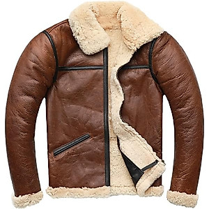 Men's Brown Classic Genuine Sheepskin Bomber Jacket - Embrace Winter Warmth in Military Aviator Style (US, Alpha, Large, Regular, Regular)