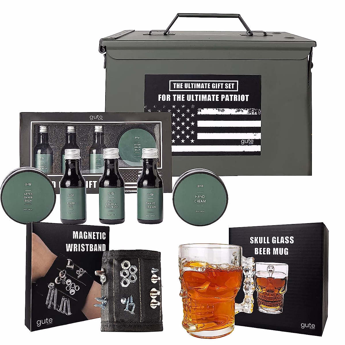 GUTE Gifts for Men & Dad, Birthday Gift, Box Real 50 Cal Ammo Set - Grooming & Shaving Set Perfect Gifts Ideas for Him - Military Storage Container, Skull Beer Mug Shave, Wash, Body Care