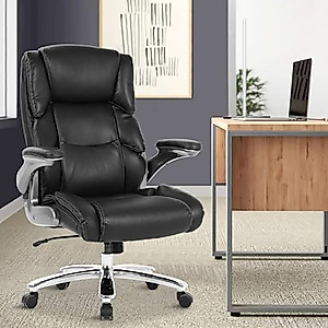 Ergonomic Big and Tall Office Chair Heavy Duty 400lbs Adjustable Rolling Swivel Desk Chair Pu Leather Executive Task Work Chair High Back Tilt Computer Chair w/Flip-up Armrest & Lumbar Support, Black