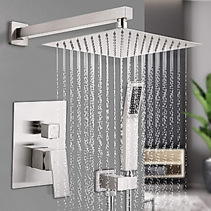 Qomolangma 12 inch Rain Shower System, Bathroom Shower Faucet Set with Pressure Balance Valve, Wall Mounted 2-Functions Shower Systems with Rain Shower and Handheld Spray Shower Trim Included