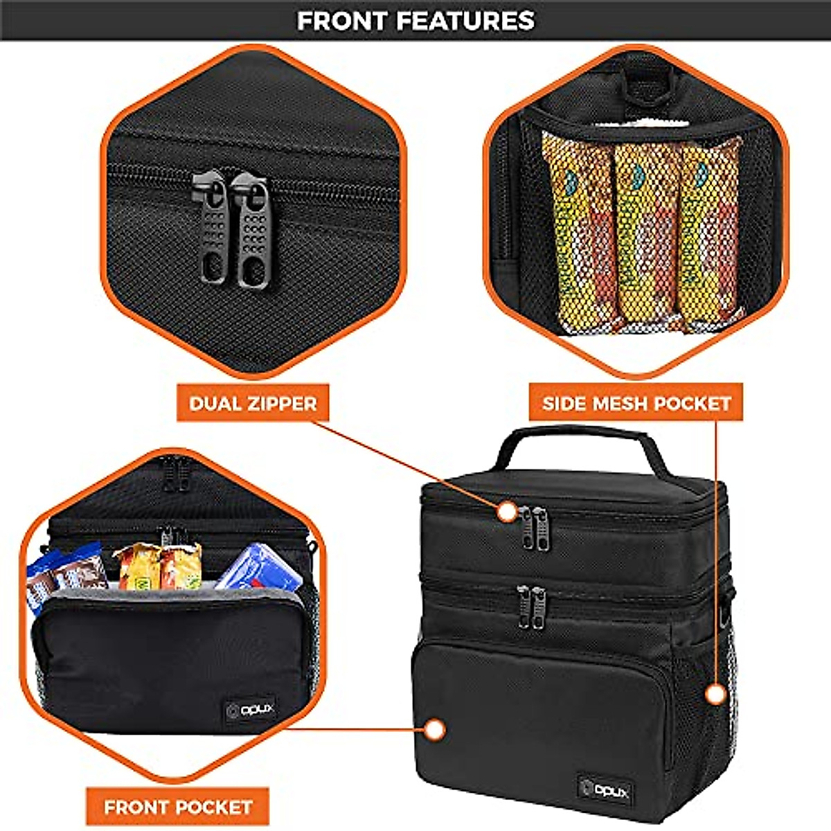 opux Insulated Lunch Bag for Men Women, Large Dual Compartment Cooler Bag, Soft Two Deck Lunch Box for Work School Picnic, Leakproof Lunch Tote with Shoulder Strap for Kid Adult (Black, Double Deck)